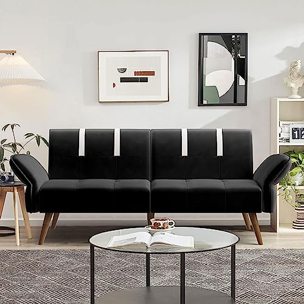 Shintenchi Futon Sofa Bed Modern Folding Sleeper Couch Bed for Living Room,Velvet Loveseat Sofa Couch Sofa cama for Apartments Office Small Spaces,w/Adjustable Armrests Backrest,Black