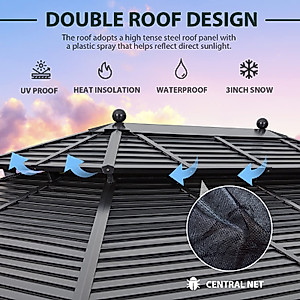 YOLENY 12' x 16' Hardtop Gazebo Faux Wood Grain with Aluminum Frame, Galvanized Steel Double Roof, Outdoor Patio Gazebo with Netting and Curtains for Backyard, Patio and Lawns