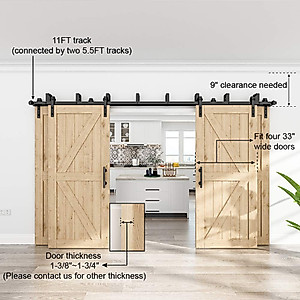 WINSOON 11FT Sliding Bypass Barn Wood Door Hardware 8 Rollers Kit System Bending Design Wall Mount Bracket Fit 4 Wooden Doors (11FT)