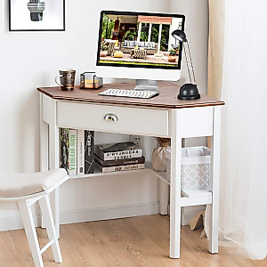 Tangkula Corner Desk, Corner Computer Desk with Drawer for Small Space, Small Corner Makeup Vanity Desk, 90 Degrees Triangle Corner Desk with Storage Shelves (Natural & White)