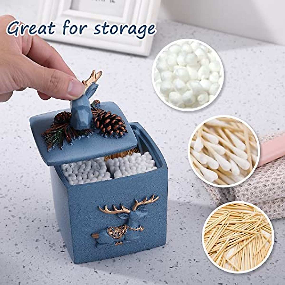 Mekoly Cotton Swab Holder, Resin Qtip Holder with Lids, 3 Compartments Dispenser Storage Box Cosmetics Countertop Organizer Containers Apothecary Jars Christmas Reindeer,Blue