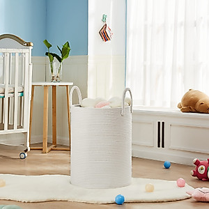 White Woven Rope Laundry Basket by TECHMILLY, 58L Baby Nursery Hamper for Clothes Blanket Storage, Large Tall Laundry Hamper for College Dorm, Bedroom, Living Room