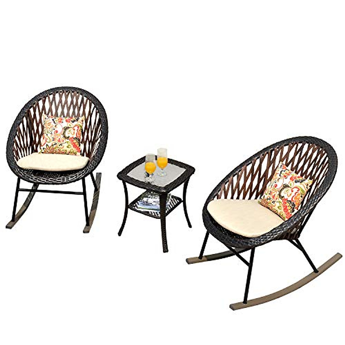 XIZZI Bistro Set Outdoor 3 Pieces Rocking Chair Patio Furniture with Glass Table and 2 Pillows,Beige