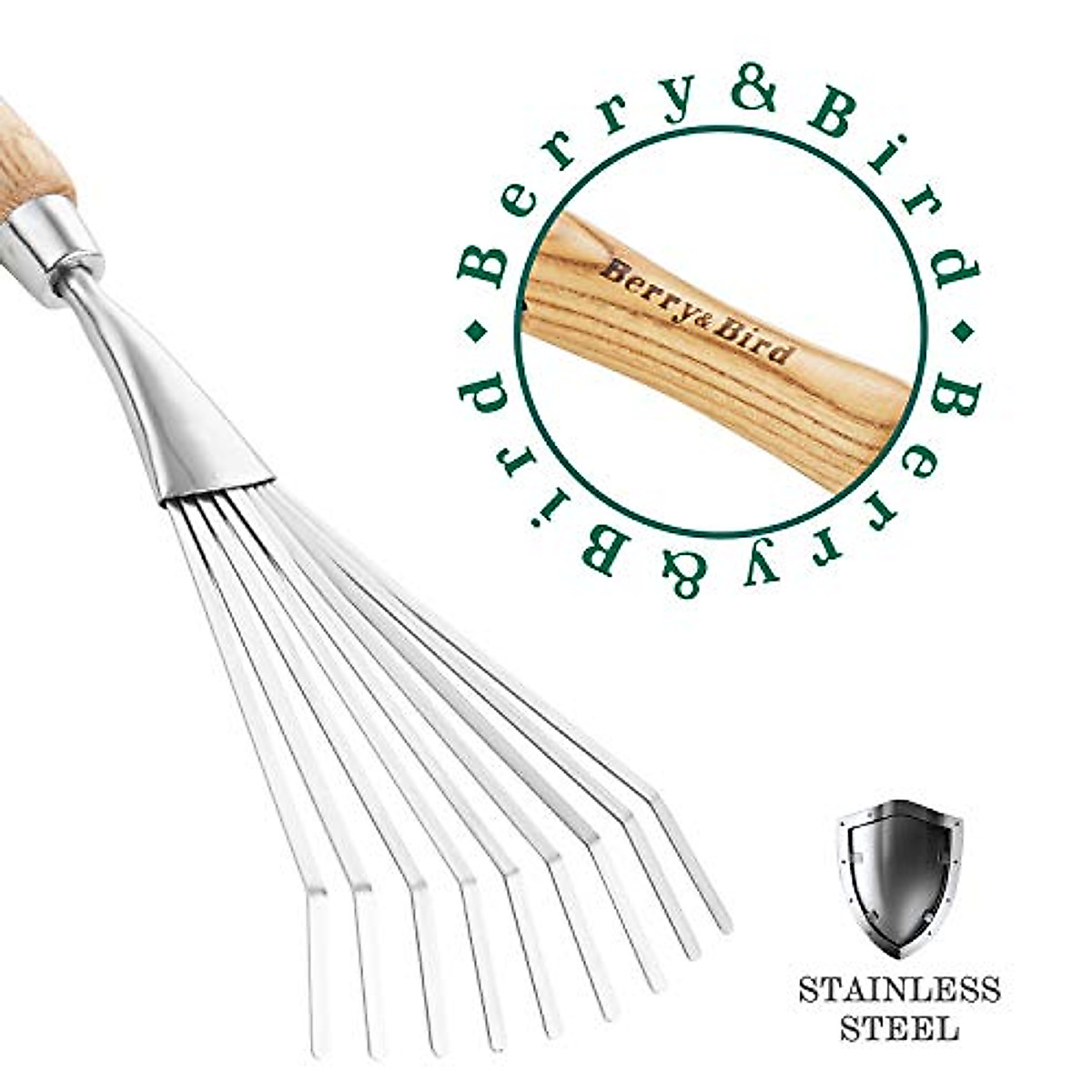 Berry&Bird Gardening Hand Shrub Rake, 14.7" Stainless Steel Grass Rake, 9 Tines Fan Lawn Leaf with Ergonomic Wooden Handle, Small Hand Rake for Sweep Leaves & Loose Debris in Garden, Lawns and Yards