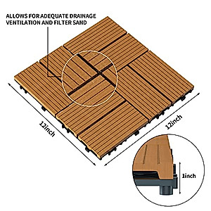 TONAHUTU 6PCS Interbuild Hardwood Interlocking Patio Deck Tiles, 12"x12" Wood Plastic Composite Tiles Outdoor Flooring for Patio Garden Deck Poolside Click Floor Decking Tile - Teak