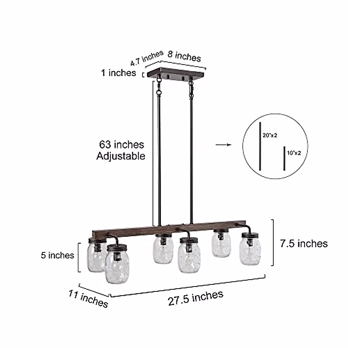 Mason Jar Chandelier, 6-Light Kitchen Island Lighting, 27.5" Farmhouse Chandelier for Dining Room with Glass Shades