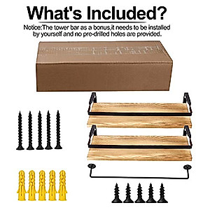 Normei Wood Floating Shelves Floating Shelves Wall Mounted Rustic Wood Shelves with Towel Holder for Bathroom, Kitchen, Set of 2 (Carbonized Black)