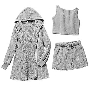 Aniywn Women's Winter 3 Piece Suit Faux Fur Pajamas Sets Sexy Fuzzy Cardigan Crop Top Shorts Nightwear Sets Loungewear