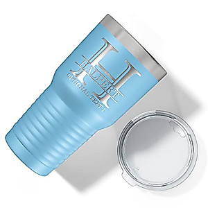 Personalized 30oz (17 Colors) Powder Coated Insulated Stainless Steel Tumbler with Lid, Custom Etched, Customized Engraved Gift Idea for Women Men Her Him, Halpert Monogram Initial Name (Light Blue)