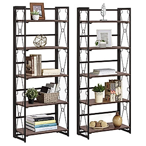 VECELO Bookshelf, 5 Shelf Folding Bookcase No Assembly, Industrial Metal Freestanding Shelves Rack Organizer for Living Room, Office, Bedroom, Kitchen, Set of 2, Dark Brown