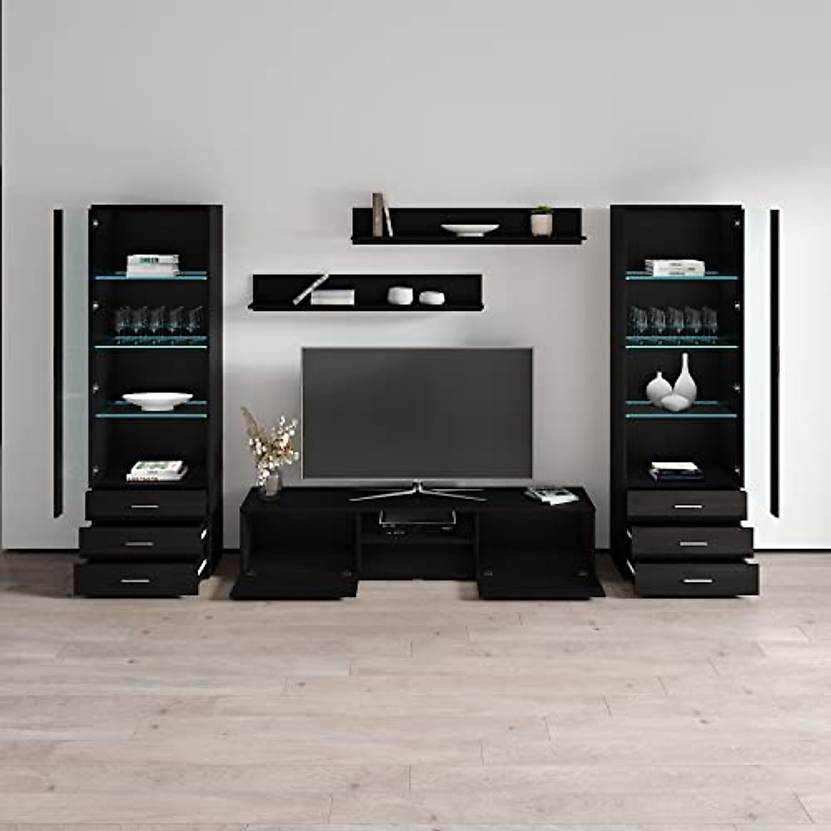 MEBLE FURNITURE & RUGS SOHO 4 Modern Wall Unit with 16 Colors LED Lights (Black)