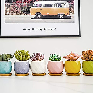 Brightdeco Ceramic Succulent Plant Pots Set of 6 - Small Succulent Pots with Drainage Hole Mini Pots for Indoor Plants Ceramic Planter with Bamboo Saucers Home Decor Rhombic