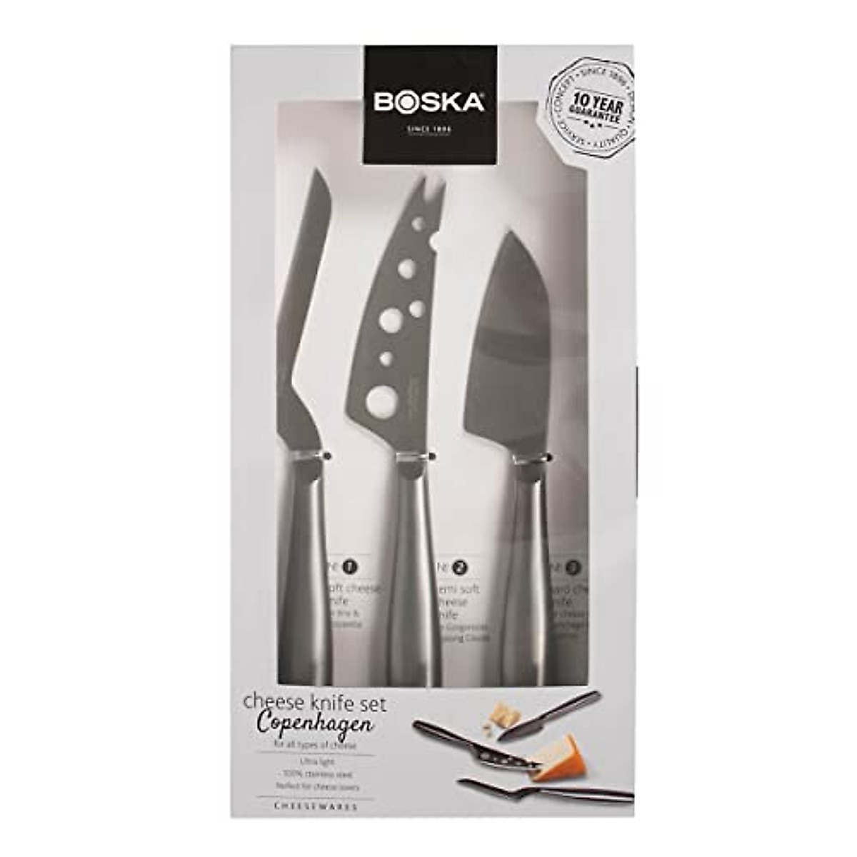BOSKA Stainless Steel Cheese 3 Knife Set - Copenhagen For All Types of Cheese - Multi-Functional Cheese Slicer - Handheld Slicer - Silver Non-Stick - Dishwasher Safe - For Kitchen Cooking