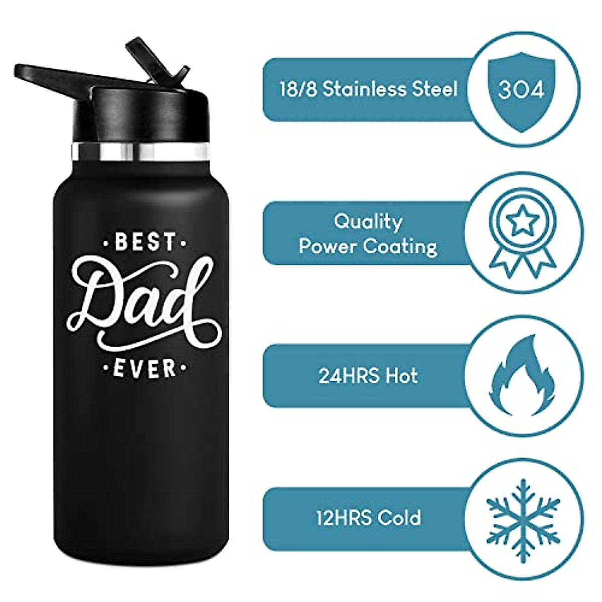 OTTIO Best Dad Ever Water Bottle, Gifts for from Daughter - 32oz Insulated Bottle Men, Tumbler Christmas Son, Father Day Gift & Birthday New Dad, Black