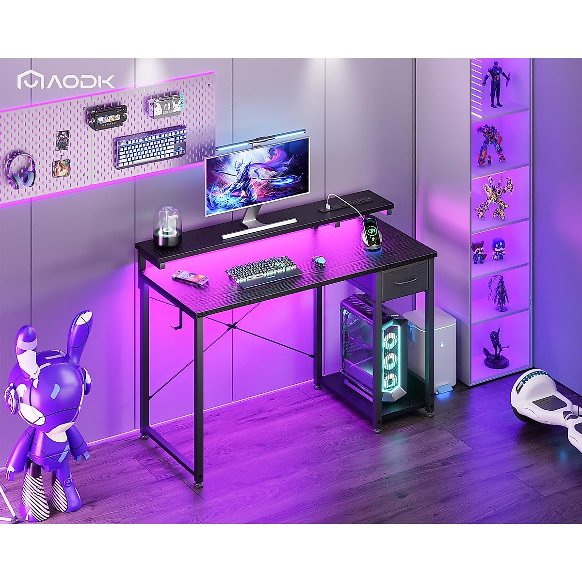 AODK Gaming Desk with LED Lights & Power Outlet, 40 Inch Computer Desk with Drawer, Reversible Desk with Adjustable Monitor Shelf & Headphone Hook for Home Office, Black