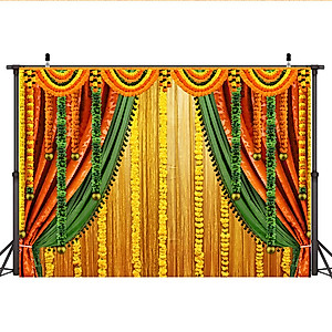 Lofaris India Pooja Photography Backdrop Puja Ganpati Pooja Traditional Mehndi Festival Background Diwali Decorations Wedding Party Marigold Garlands Photo Props 7x5ft