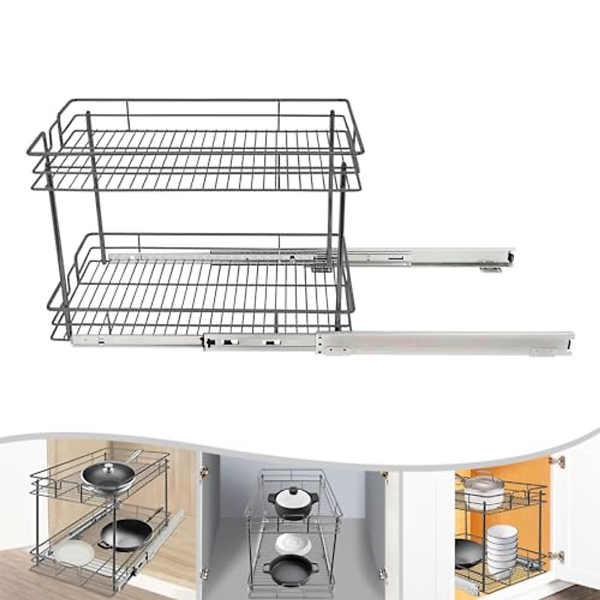 JAJADAH 2-Tier Cabinet Pull Out Shelves, Pull Out Cabinet Organizer, Kitchen Cabinet Organizer for Bathroom/Laundry Room & Kitchen (13.5" X 21.5" - Gray)