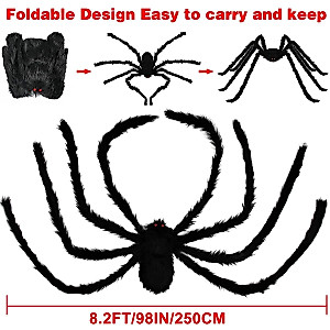 Chermory 8.2FT/98IN/250CM Halloween Giant Spider Decorations, Large Fake Scary Hairy Spider,Halloween Huge Plush Toy Spider Props Toy for Indoor Outdoor Creepy Lawn Garden Decor Black
