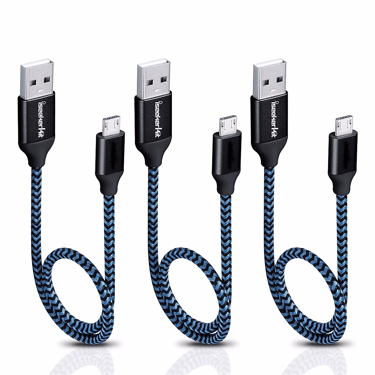 iSeekerKit Short Micro USB Cable 1Ft Nylon Braided Fast USB Charging Cord Compatible for External Battery Charger, Samsung, HTC, LG, Android and More [3 Pack] (Black)