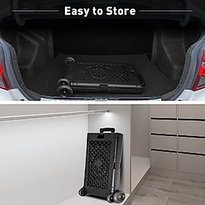 Endynino 3 PCS Foldable Rolling Crate with Wheels, Folding Heavy Duty Collapsible Basket with Telescopic Handle, 66 lbs Capacity Rolling Cart for Shopping,Travel, Laundry, Black, Large