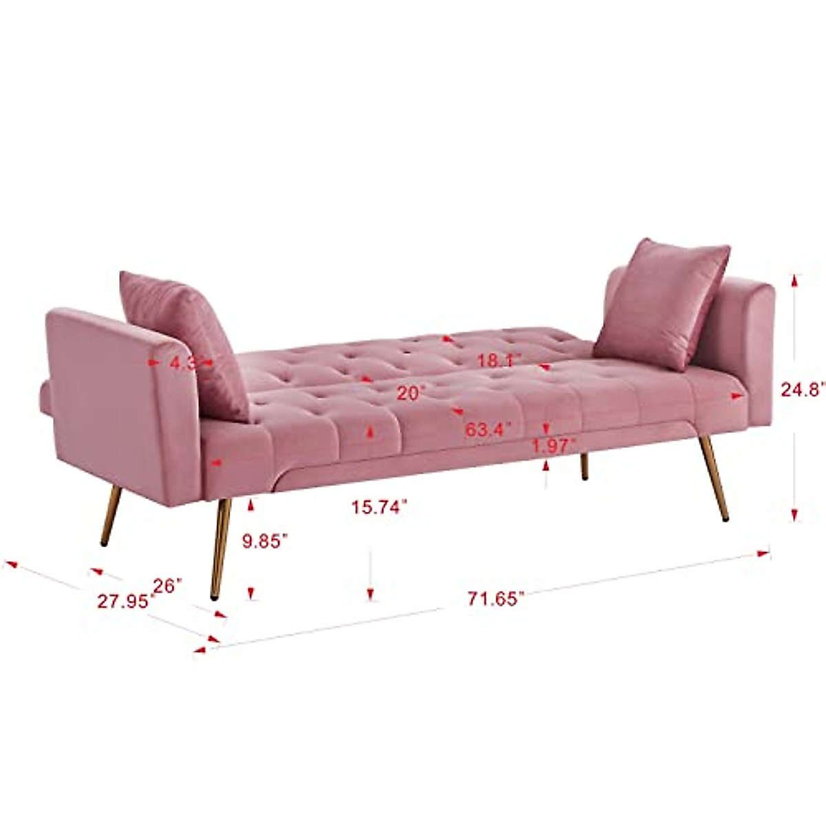 ERYE Futon Sofa Loveseat Convertible Sleeper Couch Bed for Small Space Apartment Office Living Room Furniture Sets Sofabed, Light Pink Velvet 71" W with Pillows