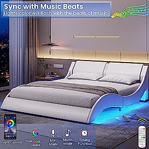 DICTAC Modern Upholstered Platform Bed Frame with LED Lights Faux Leather Low Profile Full LED Bed Frame Wave-Like Curve Platform Bed Frame with Headboard Strong Wood Slats Support, White, Full Size