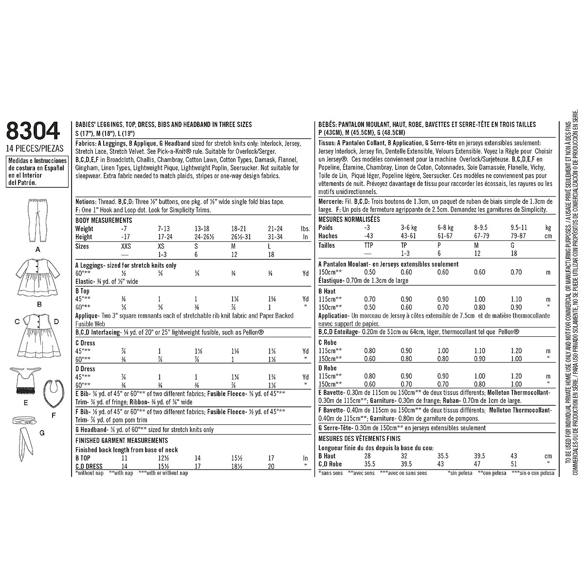 Simplicity US8304A Baby Gear Toddler's Leggings, Dress, Bibs, and Headband Sewing Patterns, Sizes XXS-L