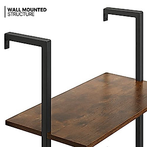 MoNiBloom 5-Tier Bookshelf Wall Mounted, 72 Inches Ladder Shelf with Metal Frame for Living Room Decor and Storage, Rustic Brown