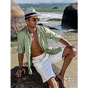COOFANDY Linen Shirts Casual Men Lightweight Beach Shirts Long Sleeve Summer Button Up Shirt Green