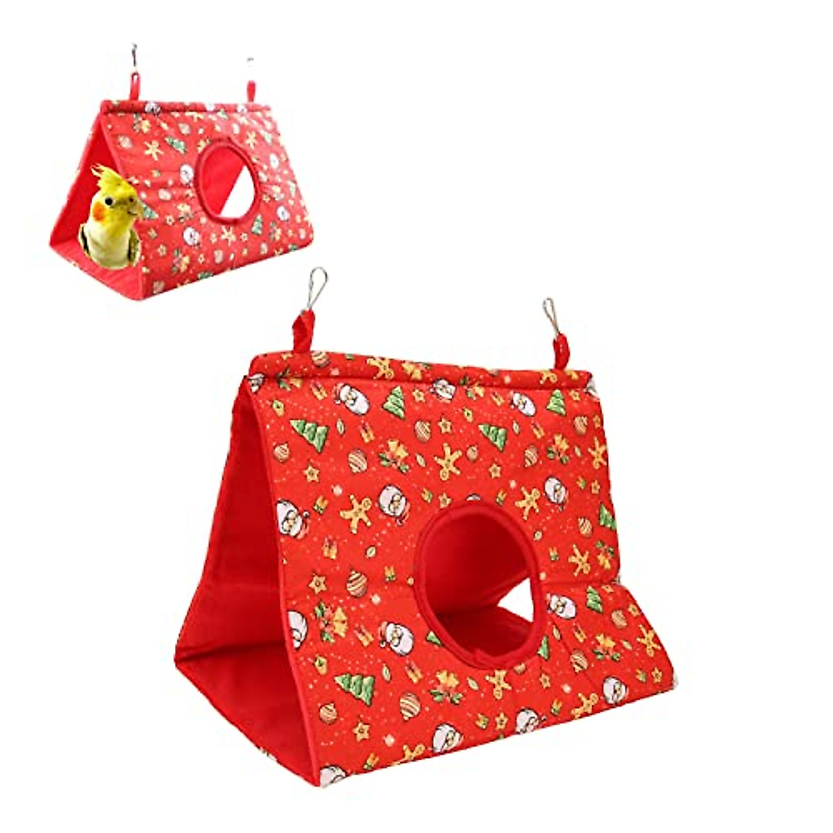 Pssopp Bird Snuggle Hut, Bird Hanging Hammock Tent Toy Bird Cave Hanging Tent Birds Hideaway Sleeping Bed Fuzzy for Resting Hiding Playing Red Christmas