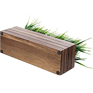 MyGift 14 Inch Artificial Green Grass Plant in Solid Acacia Wood Planter Window Box, Faux Greenery in Decorative Rectangular Crate Style Wooden Container