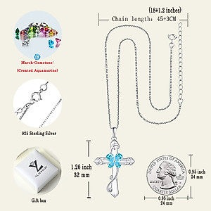 YL Women's Butterfly Cross Necklace Sterling Silver Created Aquamarine Leaves Pendant Crucifix Jewelry for Women