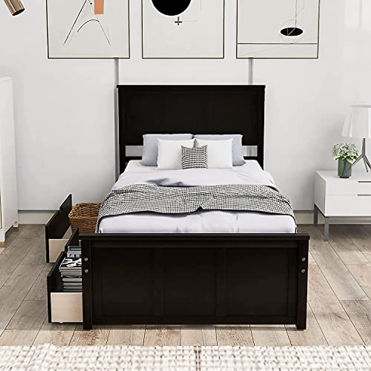 Harper & Bright Designs Twin Bed with Storage Drawers, Solid Wood Platform Bed Frame with Headboard - Espresso