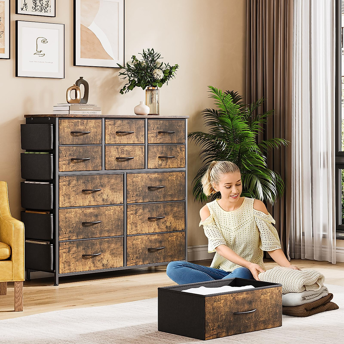 12 Dresser for Bedroom, Chest of Drawers for Bedroom with Side Pockets and Hooks, Fabric Storage Dresser, Sturdy Steel Frame, Wood Top, Easy Pull Handle (Rustic Brown)