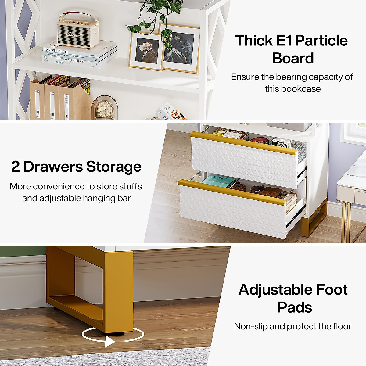 Tribesigns 4-Tier Bookshelf with 2 Drawers, 71" Tall White and Gold Bookshelf with Open Shelves & Drawer, Modern Bookcase Display Book Shelf Organizer for Bedroom, Living Room, Home Office