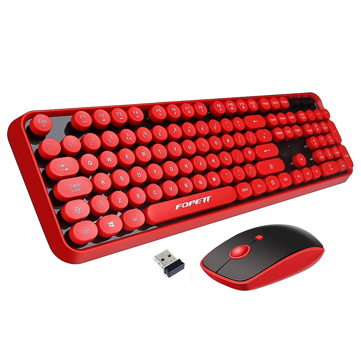 FOPETT Wireless Keyboard and Mouse Combo, 104 Keys Full-Sized 2.4 GHz Round Keycap Colorful Keyboards, USB Receiver Plug and Play, for Windows, Mac, PC, Laptop, Desktop (Black Red)