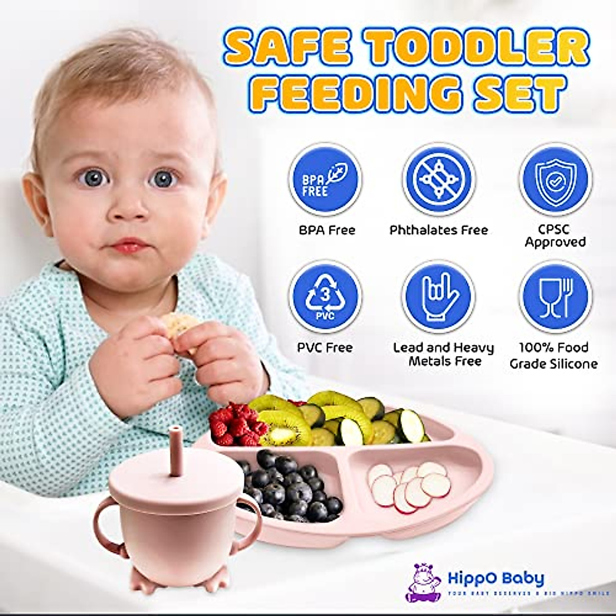 HippoBaby Silicone Baby Feeding Set | 10 Piece Baby Led Weaning Supplies | Toddler Plates Bowls Set with suction | Self Feeding Spoons | Plates for Baby Utensils | Toddler Feeding Supplies