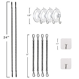 BOXCASA Suction Cup Hooks Pack,Hanging Chain with Adhesive Hooks and Suction Cup Hooks for Stained Glass Window Hangings,Suncatchers,Kitchen,Windows, Tiles,4 Pieces 8 Inch and 2 Pieces 24 Inch Pack