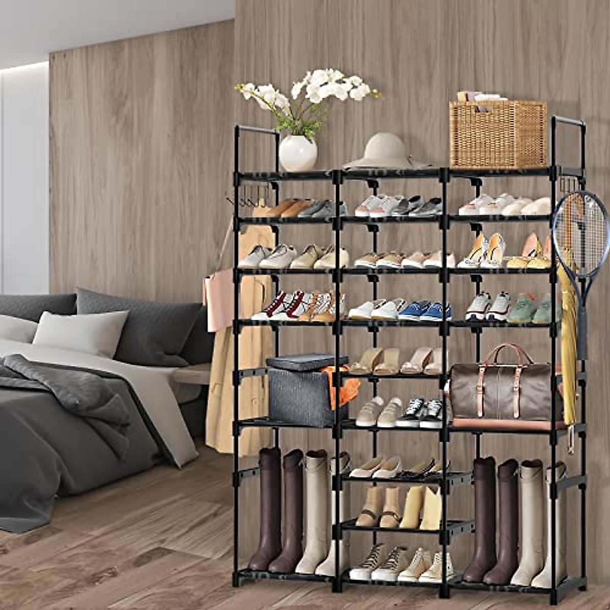 AILIXI 9 Tiers Shoe Rack Shoe Organizer, Metal Shoe Rack for Entryway, Large 50-55 Pairs Shoe Storage with Hooks, Multifunctional Shoe Organizer for Closet for Bedroom Cloakroom Hallway Garage