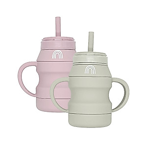 Hippypotamus Silicone Transition Cups - Small Baby/Toddler Cups With Straws & Lids - Removable Handles - Set of 2 (Blush/Nude)