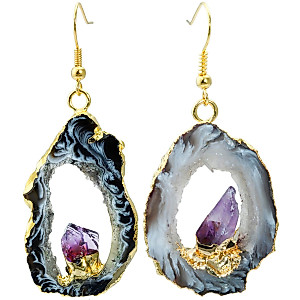 SUNYIK Natural Agate Geode Slice Quartz Druzy Dangle Earrings,with Amethyst Crystal,Gold Plated Drop Earring