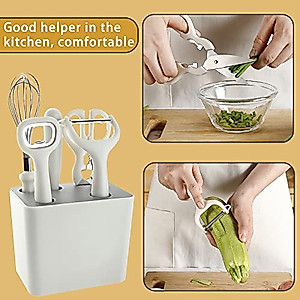 COMUSTER Kitchen Gadgets Set,Kitchen Scissors, Kitchen Utensils Set with Holder, Paring Knife,Whisk,Bottle Opener,Peeler- Home Kitchen Gadgets(White 6 Pieces set)