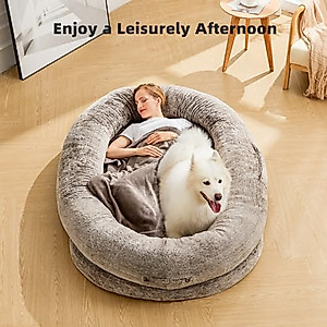 Human Size Dog Bed - 71''x47''x12.5'', Washable Faux Fur, Orthopedic, Plump Pillow, Blanket, Brown