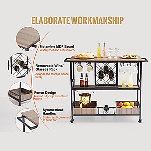 VEVOR Bar Cart, Home Serving Cart, 3 Tiers 300 LBS Industrial Rolling Beverage Station on Lockable Wheels, Mobile Alcohol Drink Cart with Removable Tray Wine Rack Glass Holder for Kitchen Dining Room