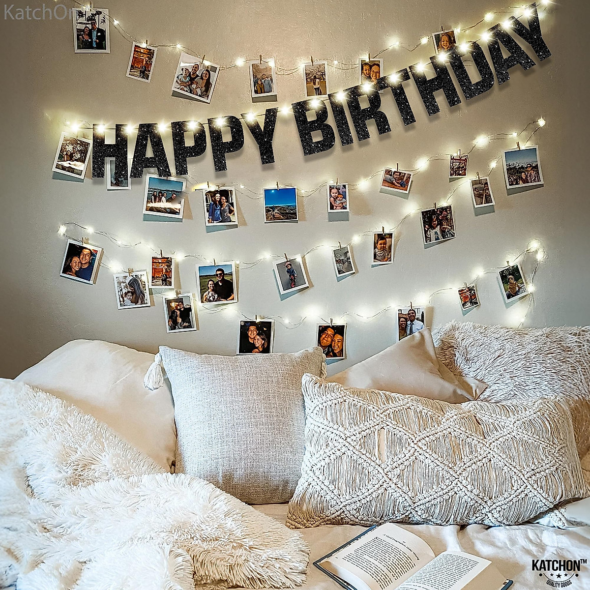 KatchOn, Glitter Black Happy Birthday Banner Light Up - Prestrung, 10 Feet | Black Happy Birthday Led Sign, Happy Birthday Banner for Men | Light Up Happy Birthday Sign for Happy Birthday Decorations