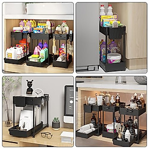 Sevenblue 3 Pack Under Sink Organizer, 2-Tier Multi-Use Kitchen Bathroom Organizers and Storage with Sliding Drawer, Bathroom Cabinet Organizer with Hooks and Hanging Cups, Black