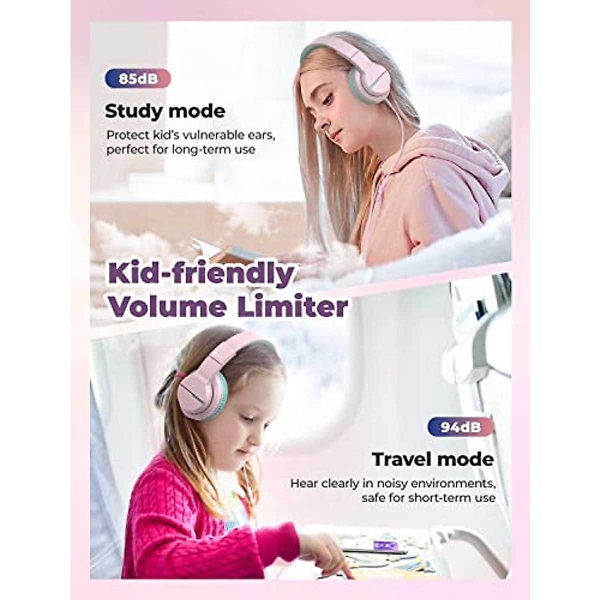iClever HS19 Kids Headphones with Microphone for School, Volume Limiter 85/94dB, Over-Ear Girls Boys Headphones for Kids with Shareport, Foldable Wired Headphones for iPad/Travel (Pink)