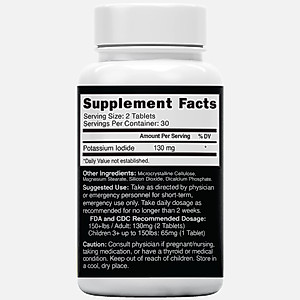 Potassium Iodide Tablets 130 mg (2 Pack) - (120 Tablets) EXP 10/2032 - Ki Pills Potassium Iodine Tablets - Potassium Iodine Pills Yoduro de potasio
