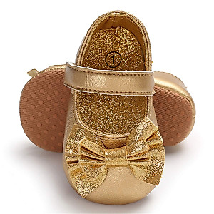 BENHERO Infant Baby Girls Mary Jane Flats Shoes with Bowknot Non Slip Soft Sole PU Leather First Walker Cirb Shoes Toddler Princess Wedding Dress Shoes(0-6 Months Infant),A-Gold