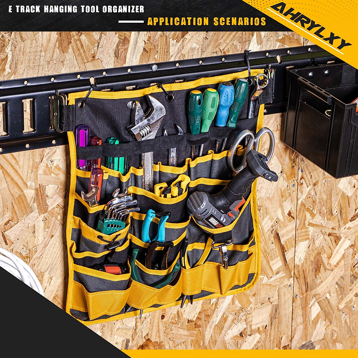 AHRYLXY 2 Pack E-Track Hanging Tool Organizer, E Track Wall Hanging Pocket Tool Holder, E-Track Accessories for Enclosed Trailer, Garage Warehouse and Workshop, Wall Mount Multi Pockets Tool Organizer